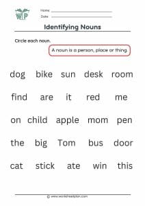 Identifying Nouns Grade 1 » Worksheet Plan