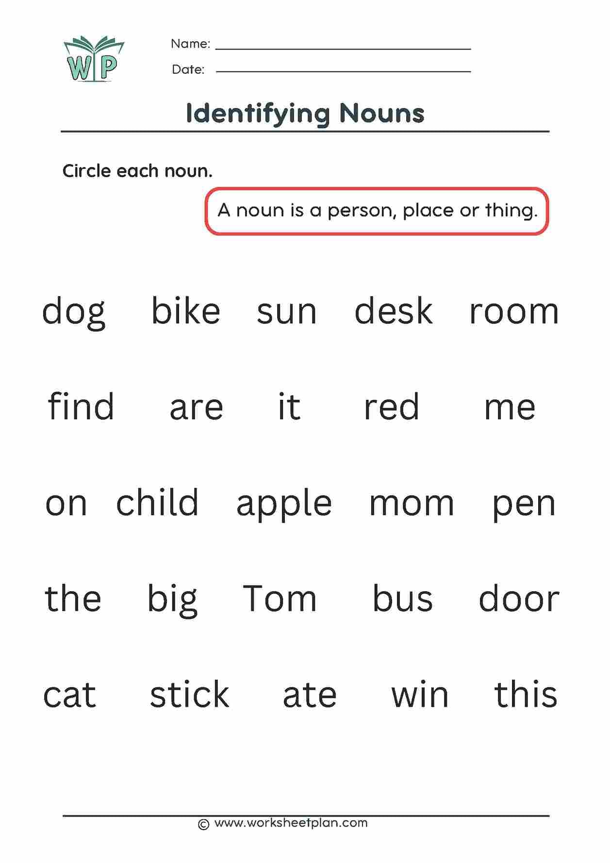 Identifying Nouns Grade 1 » Worksheet Plan