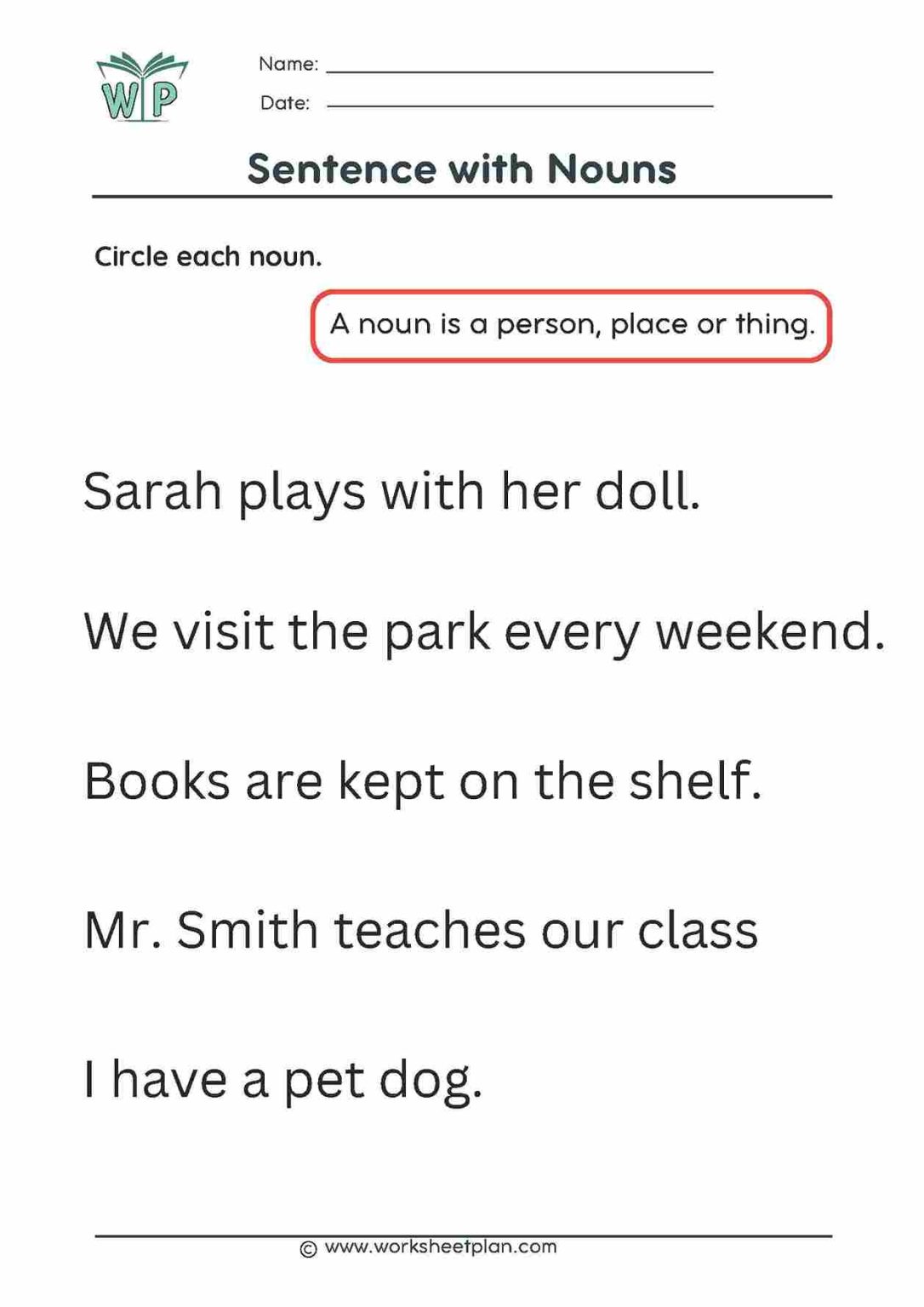Sentence with Nouns » Worksheet Plan
