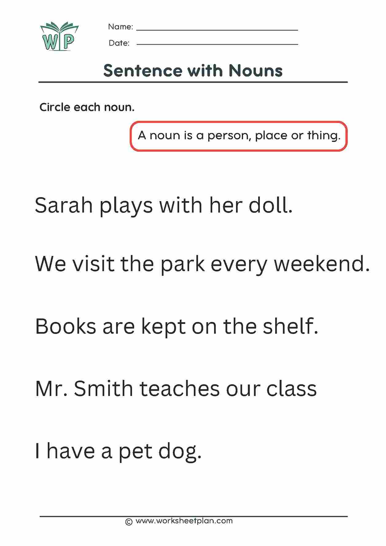 Sentence with Nouns » Worksheet Plan