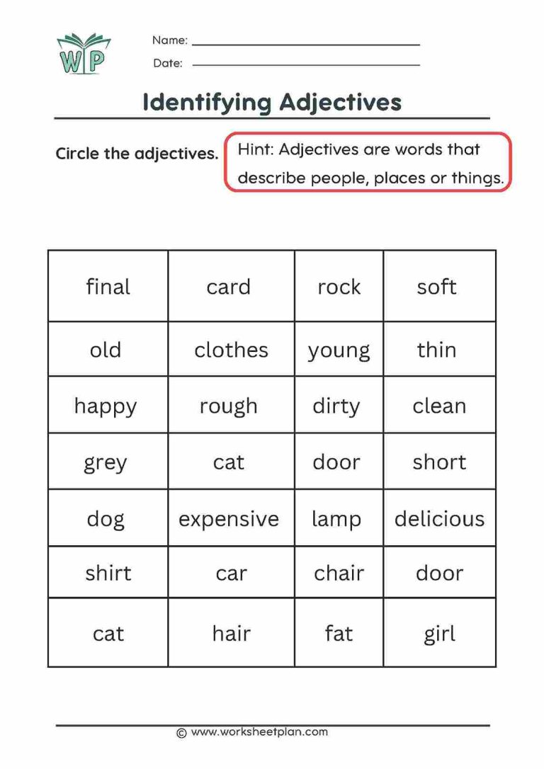 Identifying Adjectives » Worksheet Plan