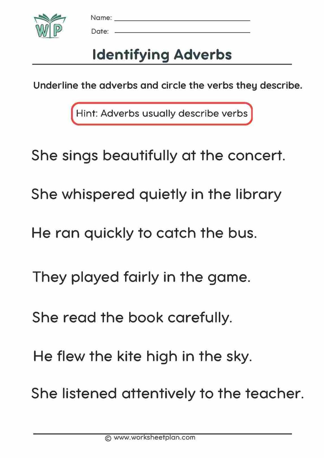 Identifying Adverbs » Worksheet Plan