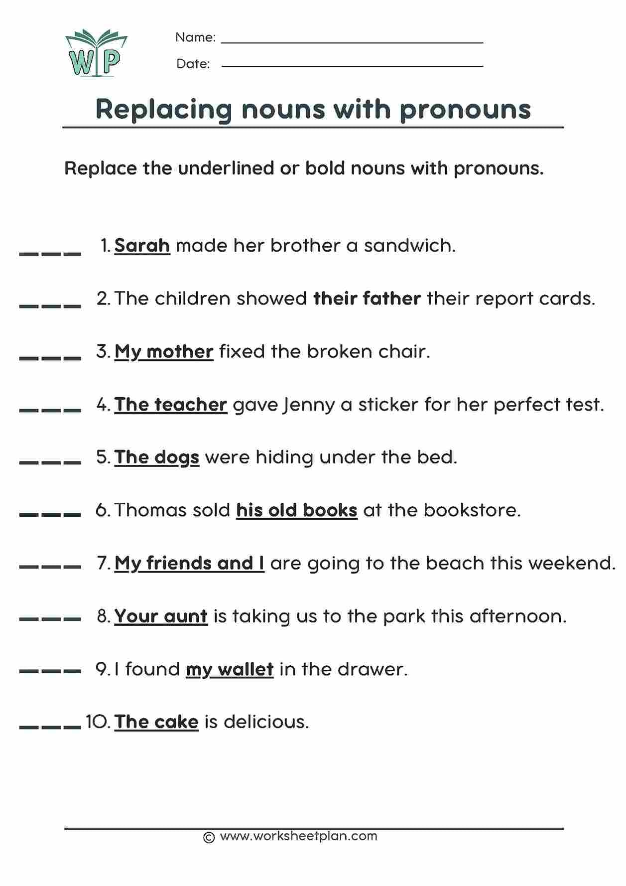 Replacing nouns with Pronouns » Worksheet Plan