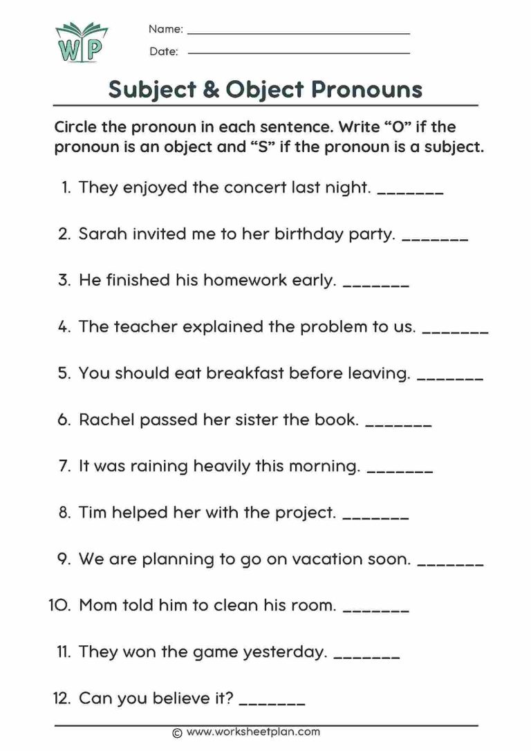 Subject and Object Pronouns » Worksheet Plan