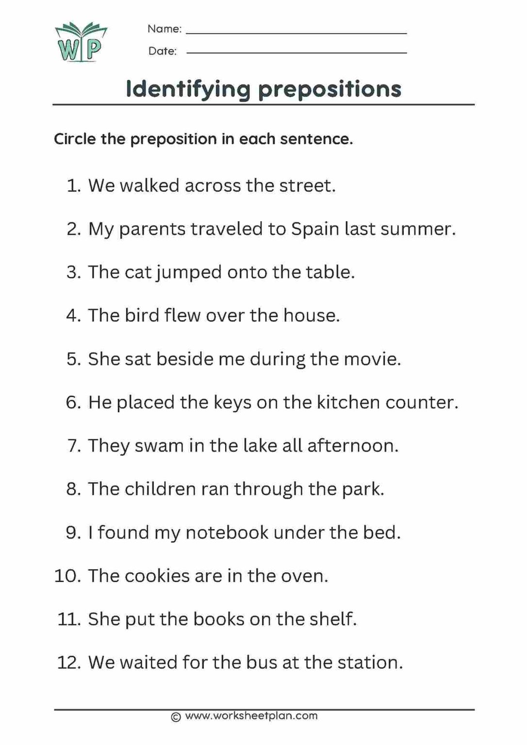 Identifying Prepositions » Worksheet Plan