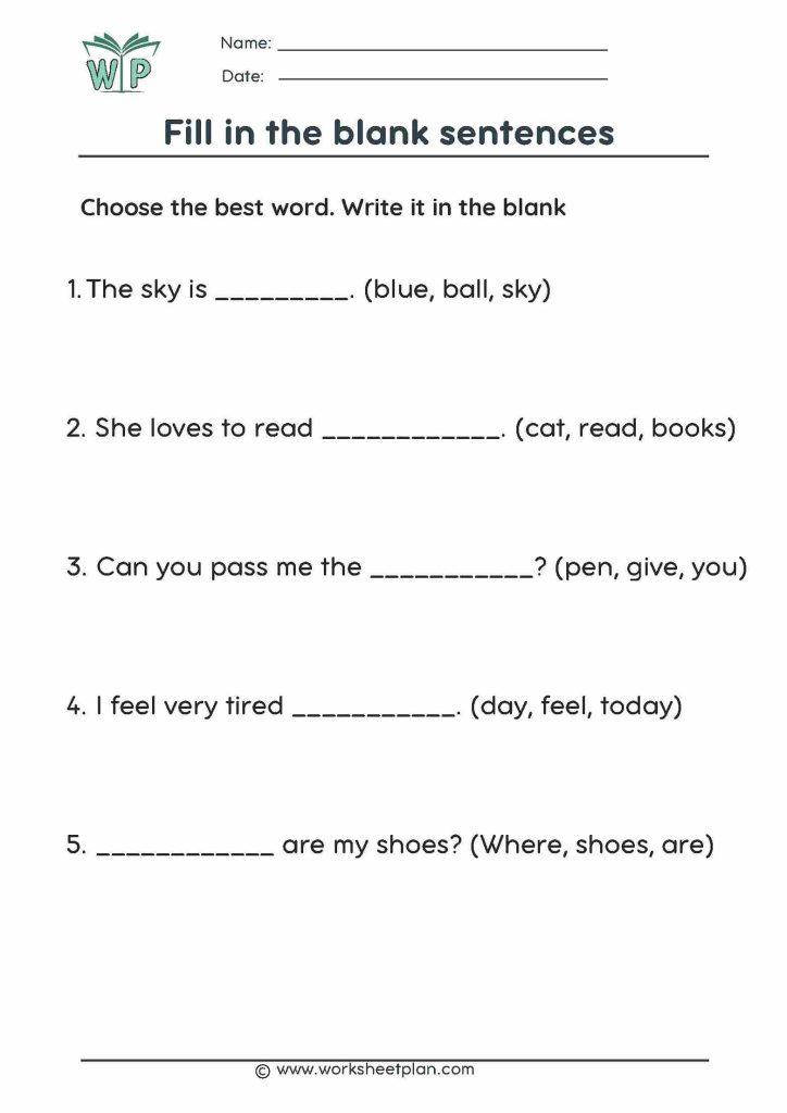 Fill In The Blank Sentences Worksheet Plan
