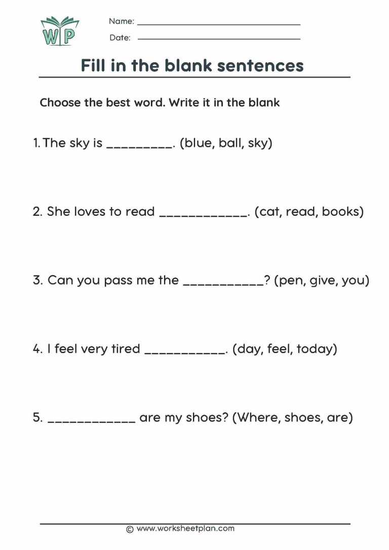 Fill in the blank Sentences » Worksheet Plan