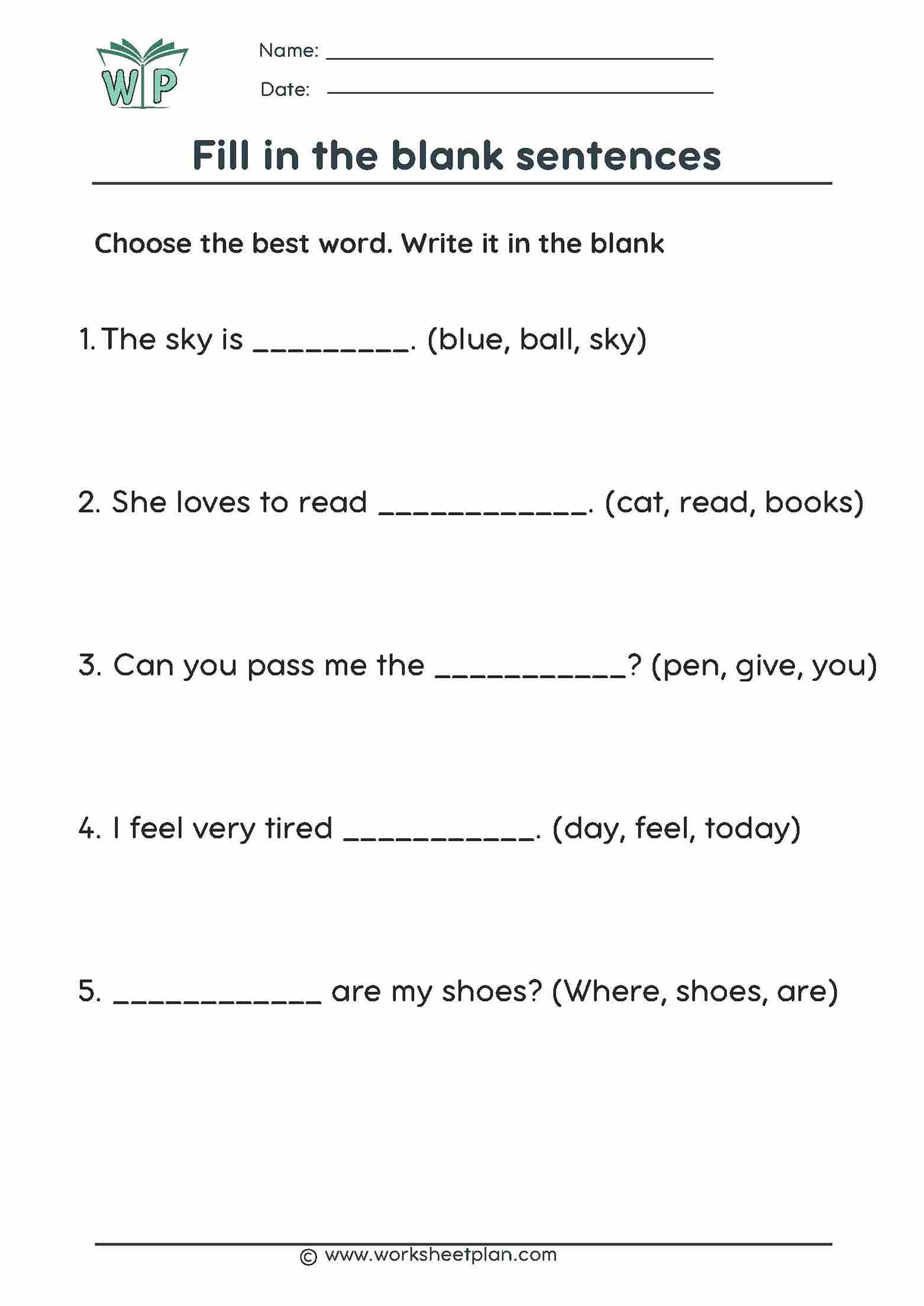 Fill in the blank Sentences » Worksheet Plan