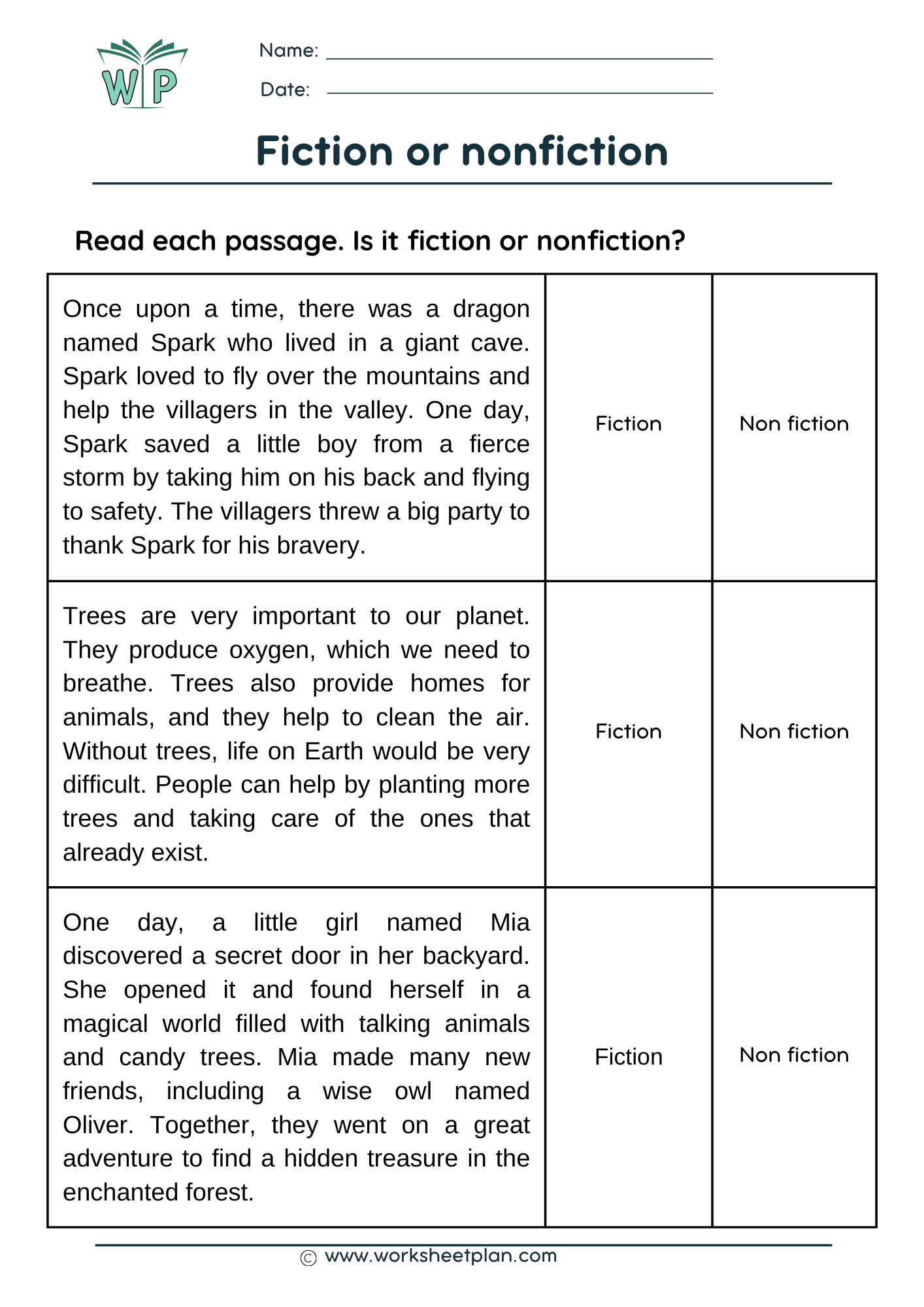 Fiction or nonfiction Passages Worksheets » Worksheet Plan
