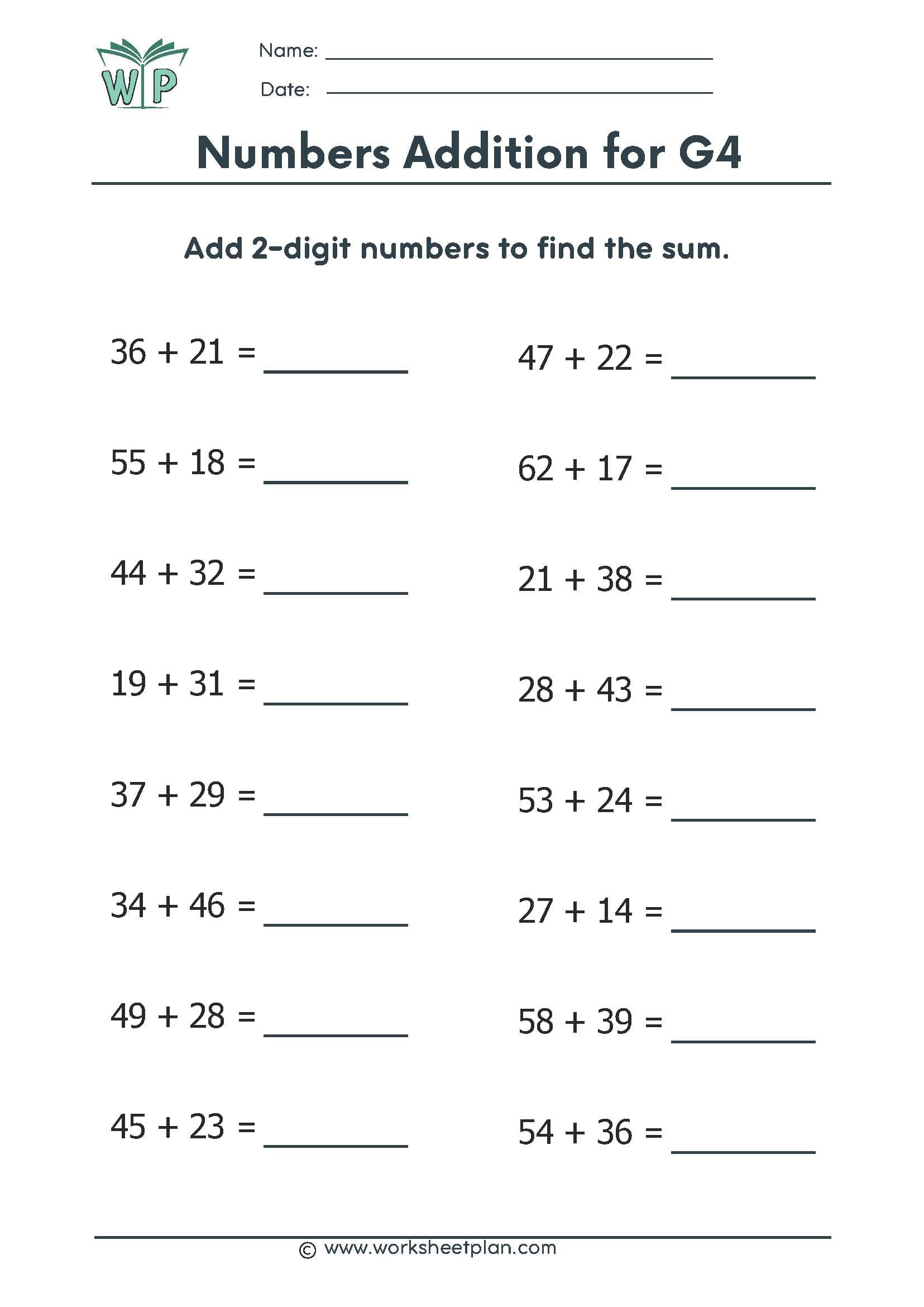 Adding 2-digit Worksheets for Grade 4 » Worksheet Plan
