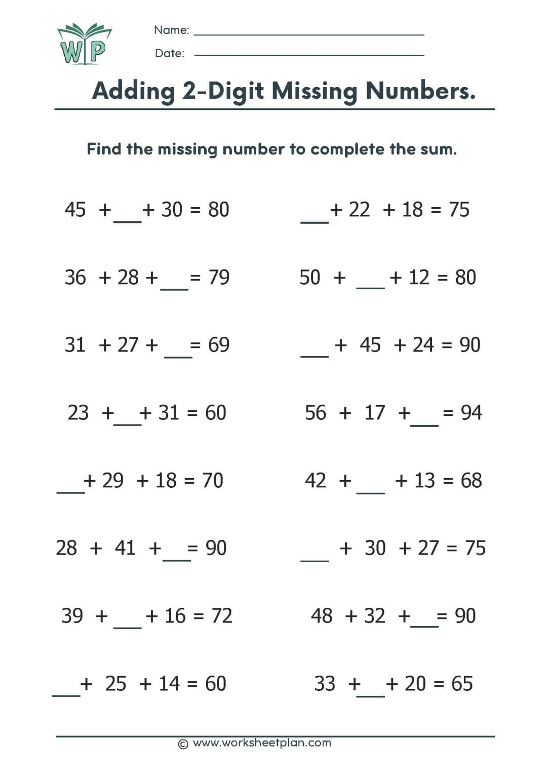 Missing Numbers (2 digits) » Worksheet Plan