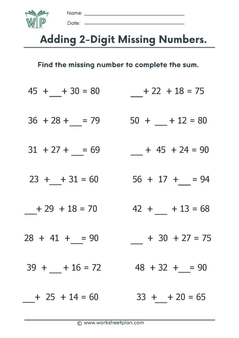 Missing Numbers (2 digits) » Worksheet Plan