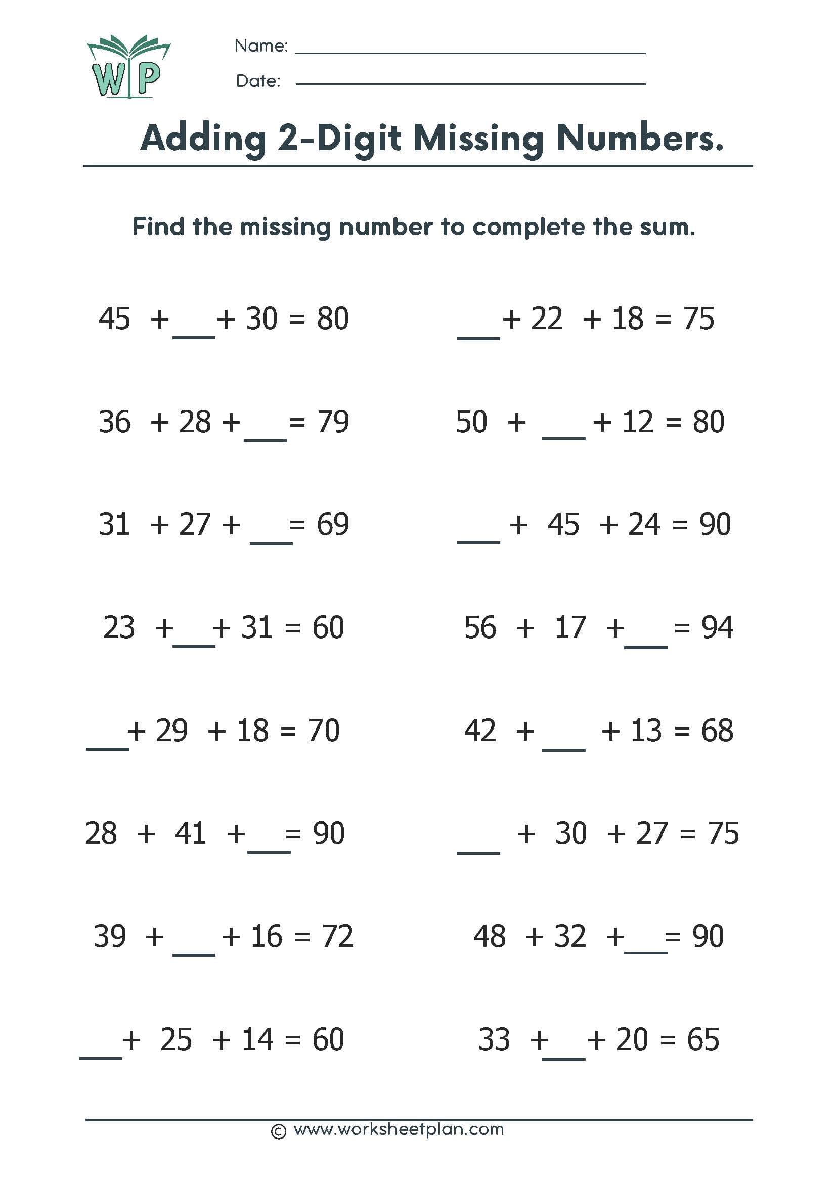 Missing Numbers (2 digits) » Worksheet Plan
