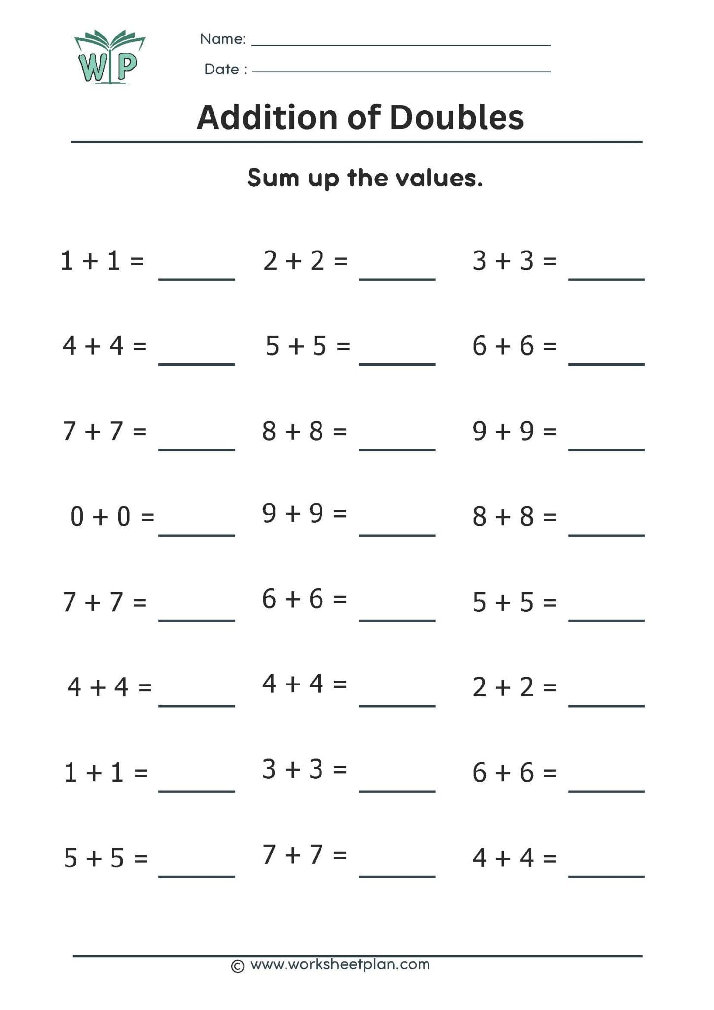 Double Addition Grade 1 » Worksheet Plan