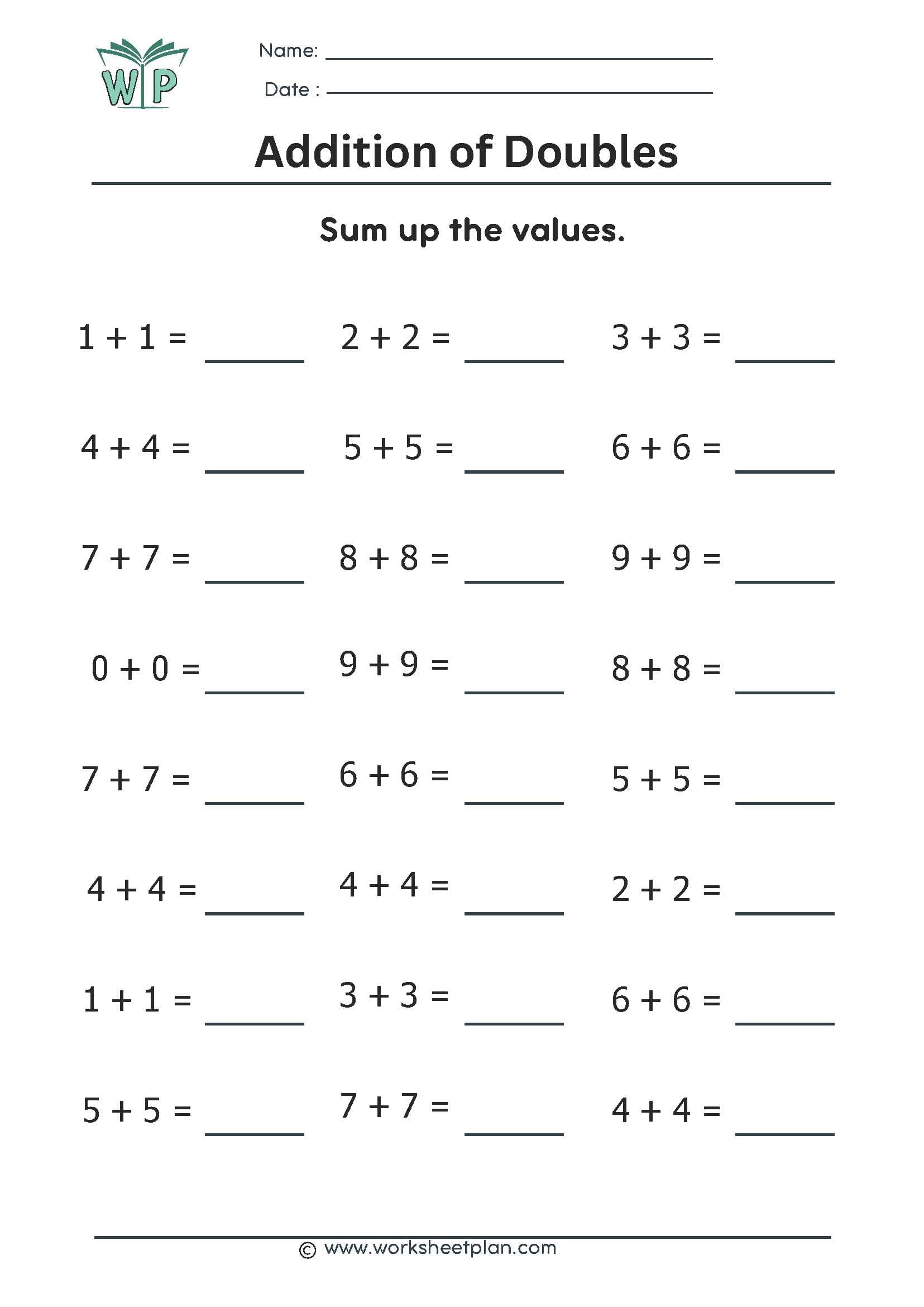 Double Addition Grade 1 » Worksheet Plan