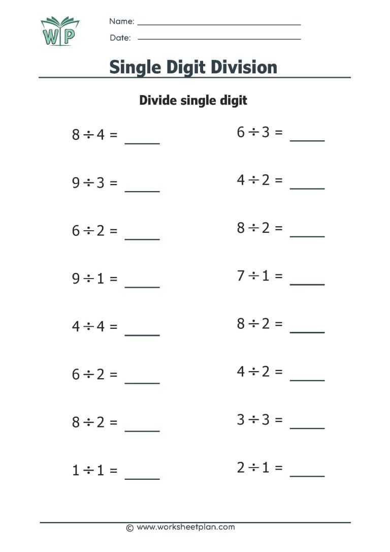 Single Digit Division » Worksheet Plan