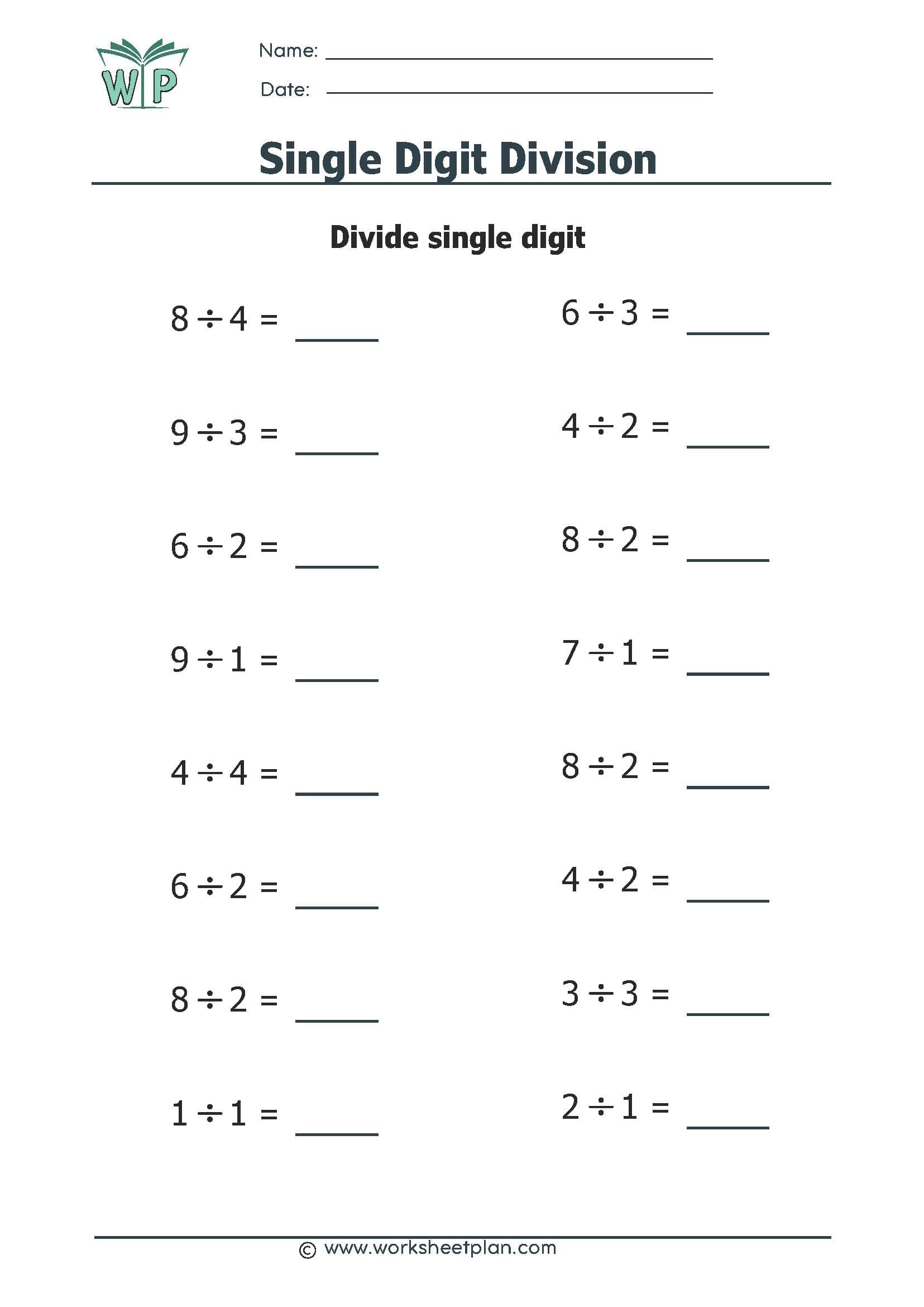 Single Digit Division » Worksheet Plan