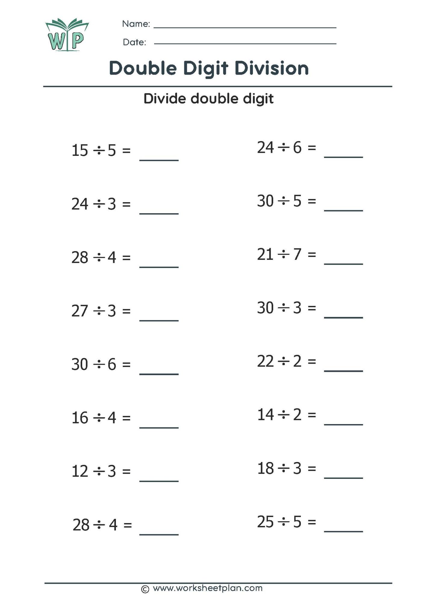 Double Digit Division » Worksheet Plan