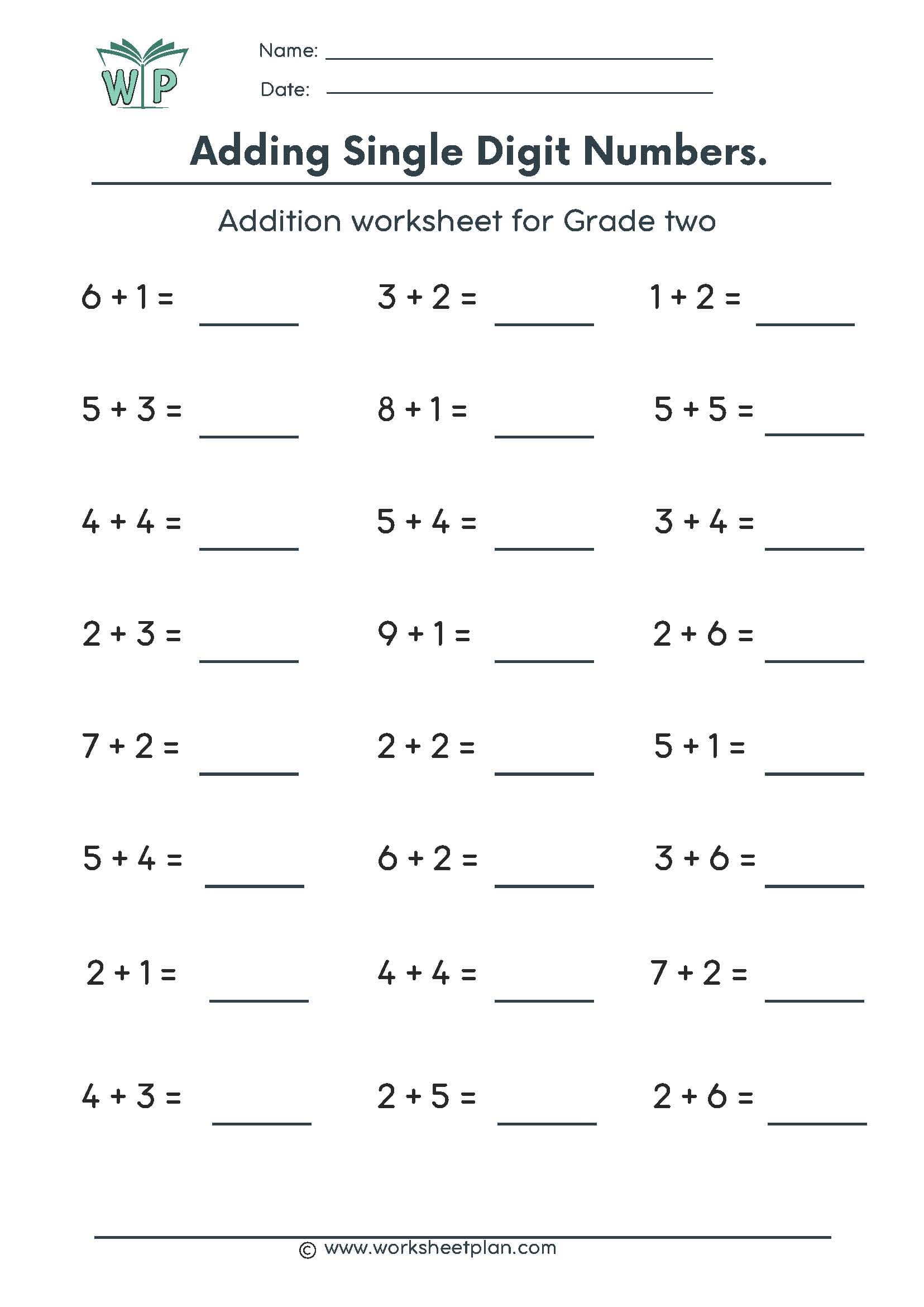 Addition upto-10 Grade 2 » Worksheet Plan