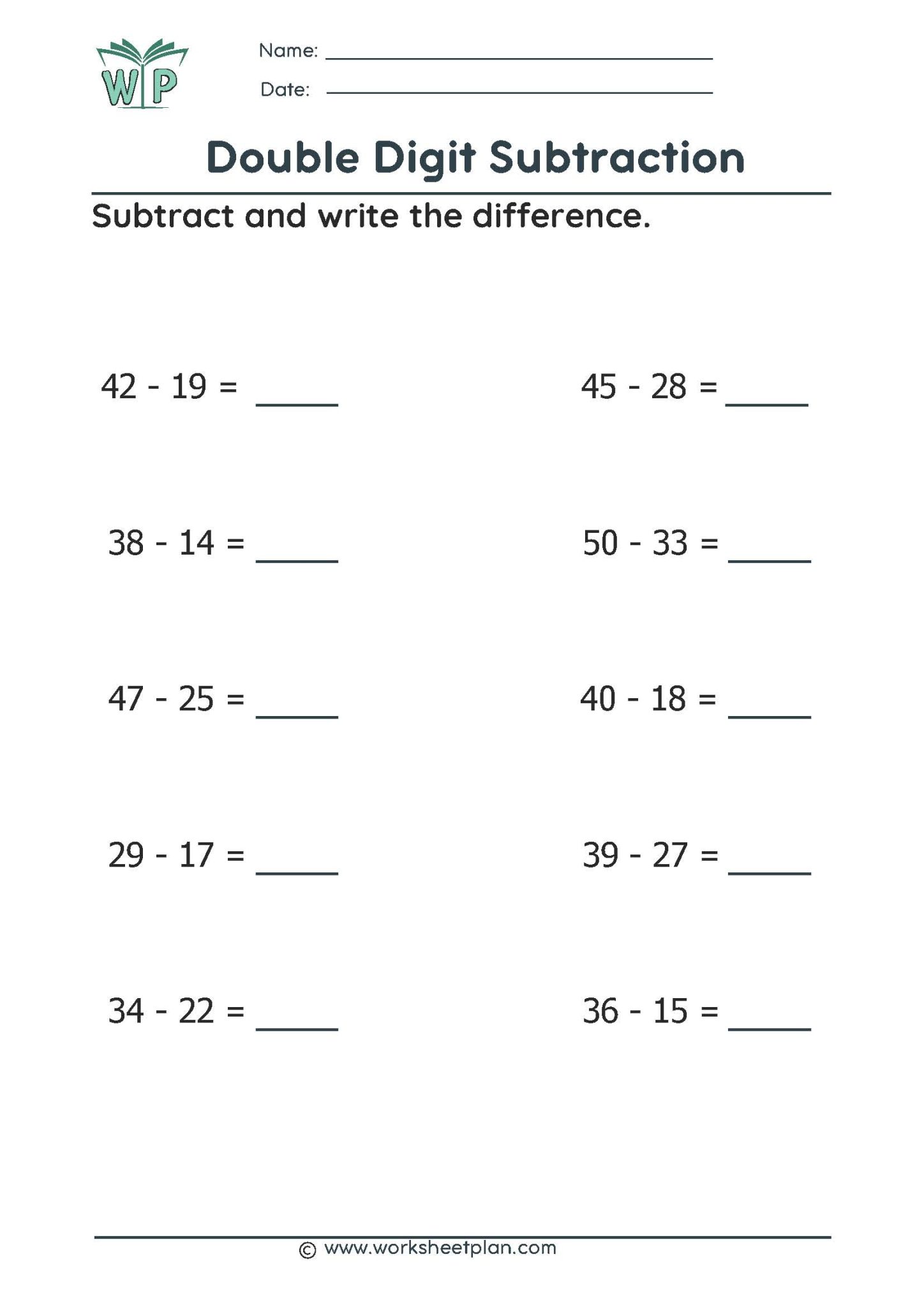 Double Digit Subtraction » Worksheet Plan