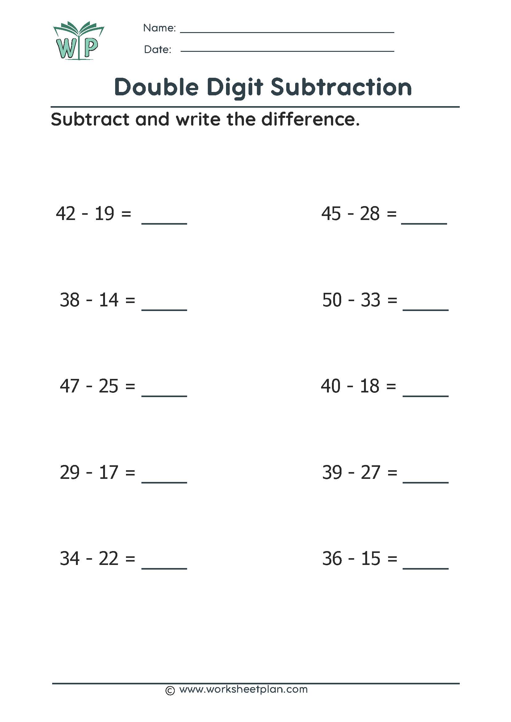 Double Digit Subtraction » Worksheet Plan
