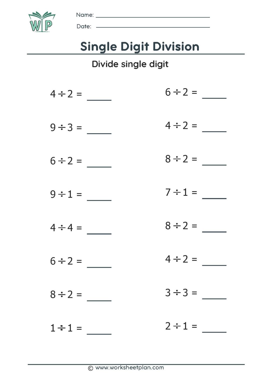 Single Digit Division » Worksheet Plan