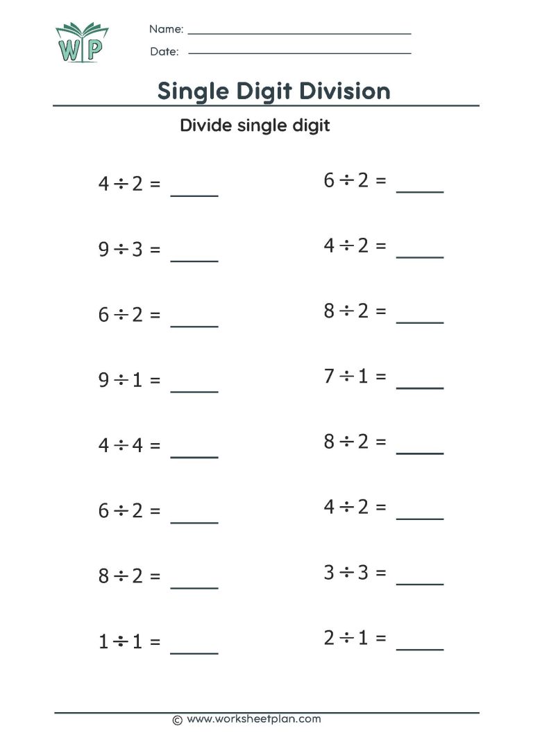 Single Digit Division » Worksheet Plan
