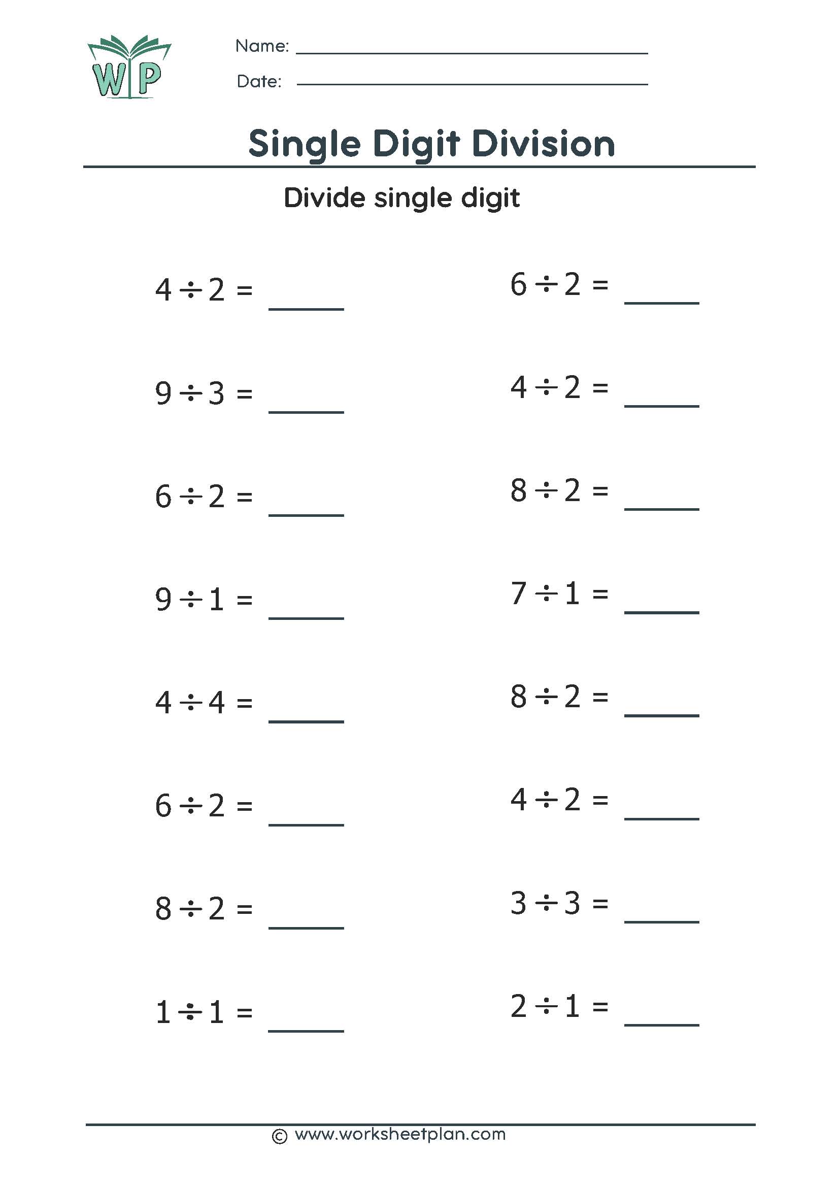 Single Digit Division » Worksheet Plan