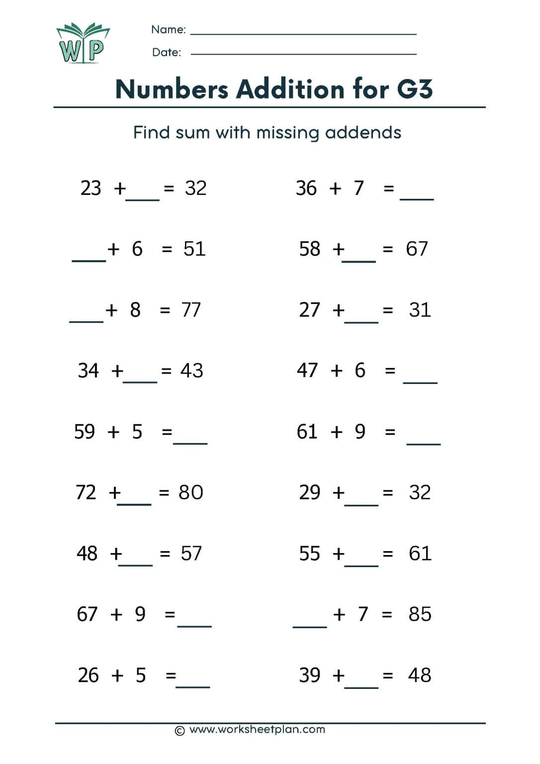 Adding with missing numbers » Worksheet Plan