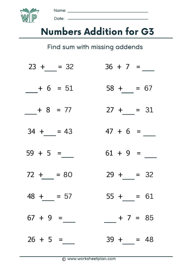 Adding with missing numbers » Worksheet Plan