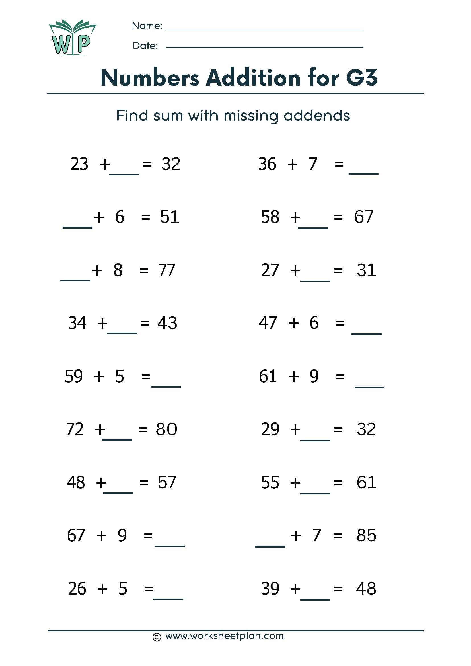 Adding with missing numbers » Worksheet Plan
