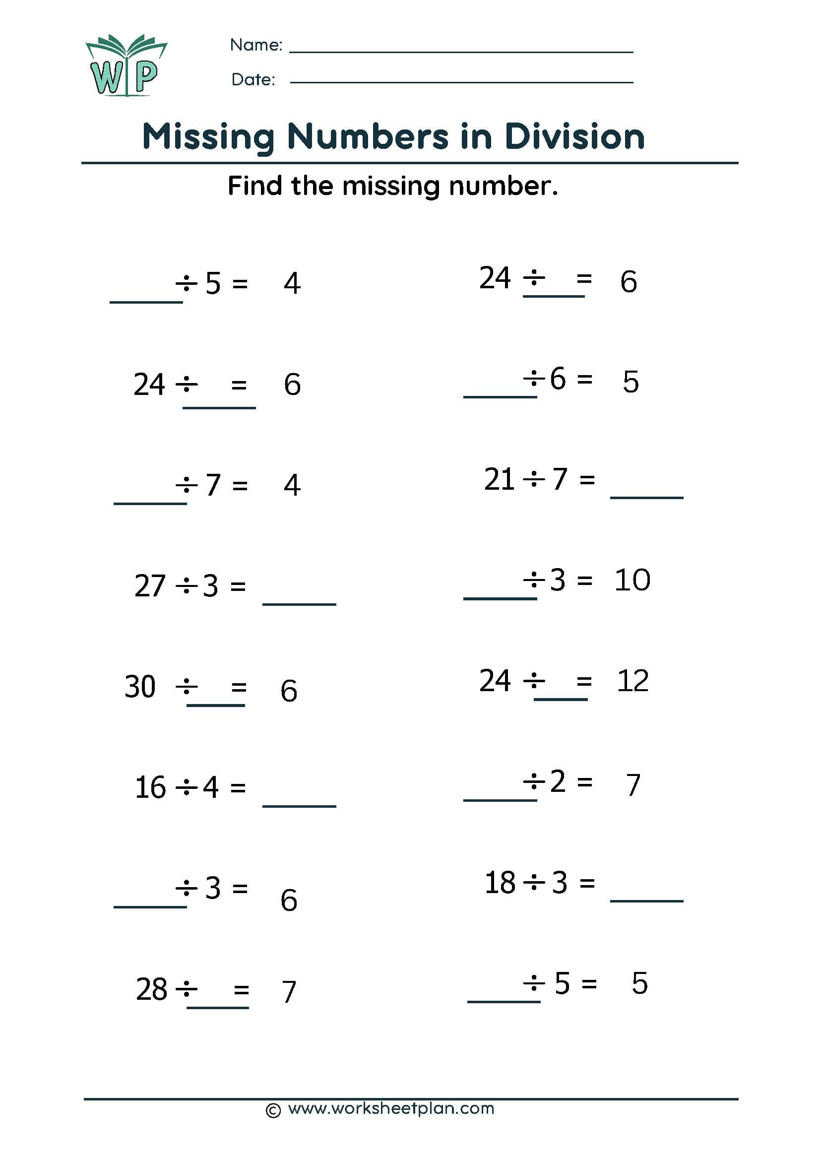 Missing Numbers Division Worksheets » Worksheet Plan