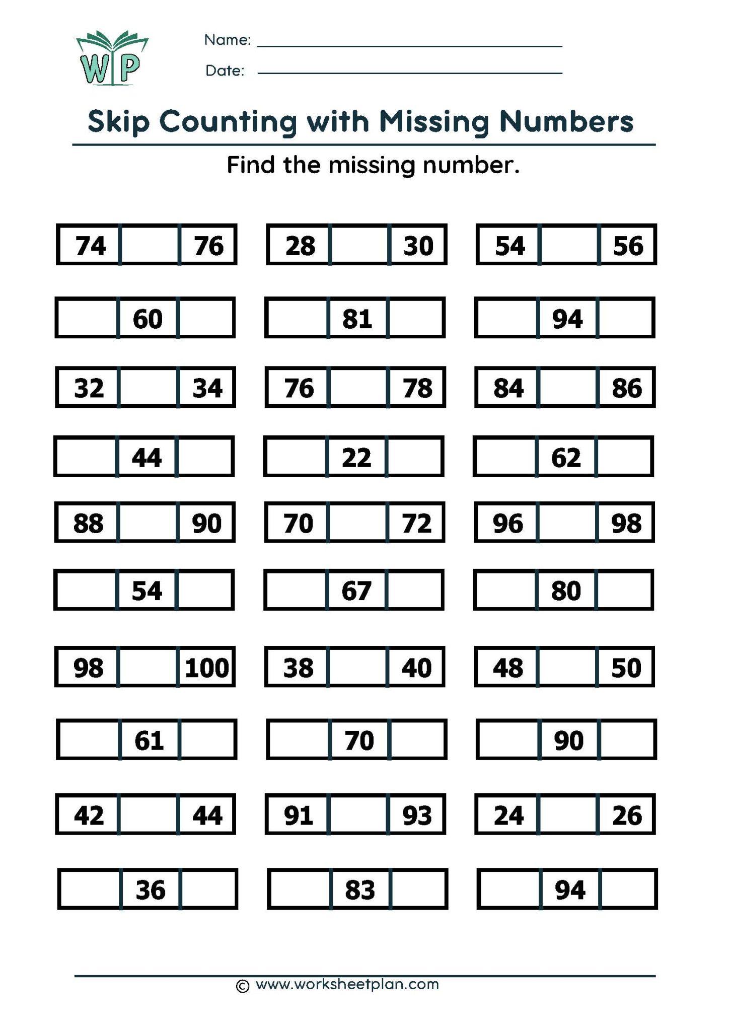 Skip counting with missing numbers » Worksheet Plan