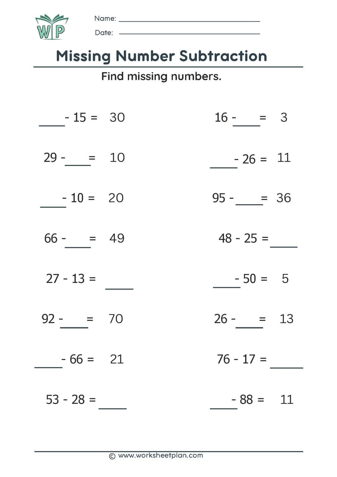 Double Digit Missing Numbers » Worksheet Plan