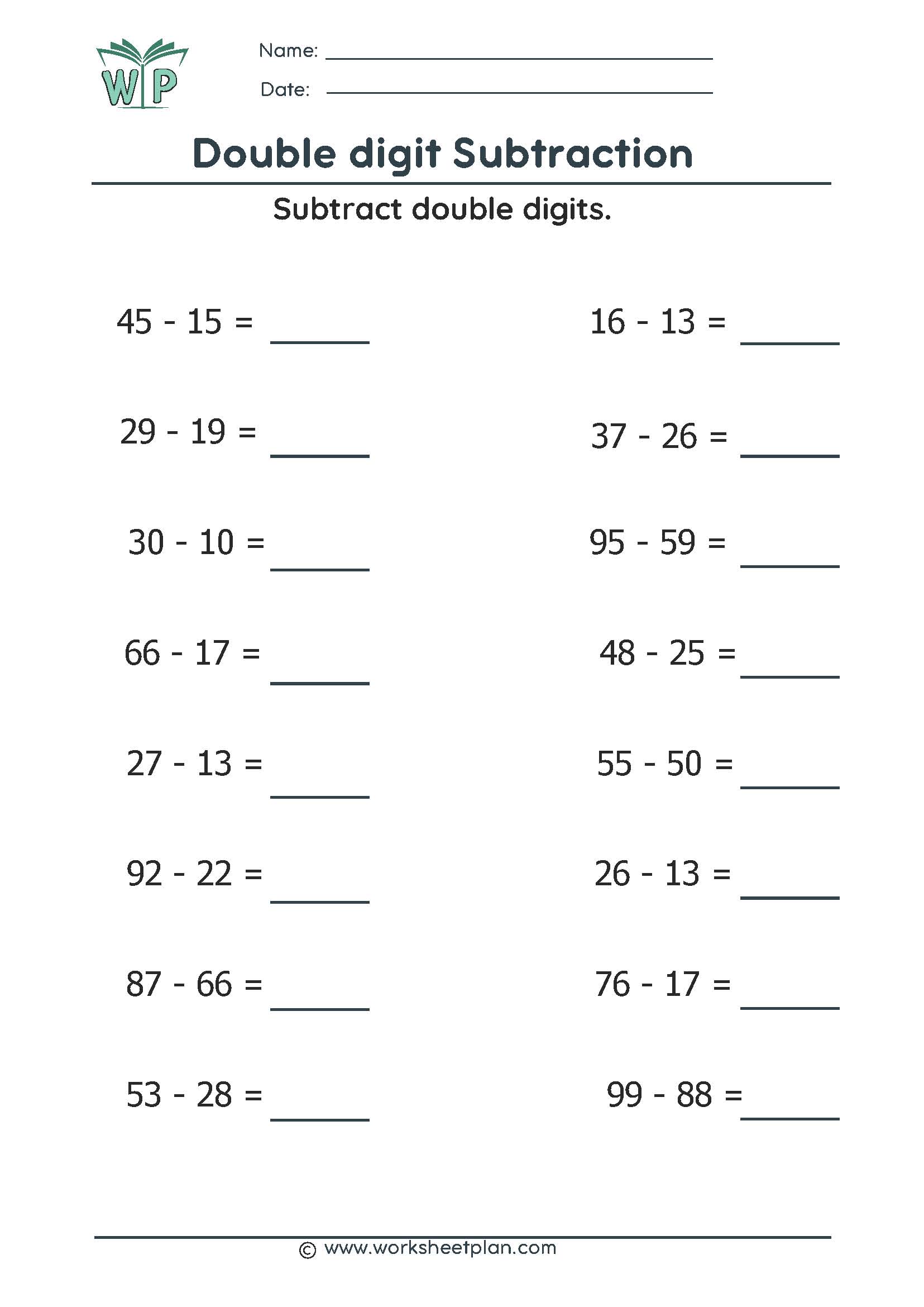 Double Digit Subtraction » Worksheet Plan