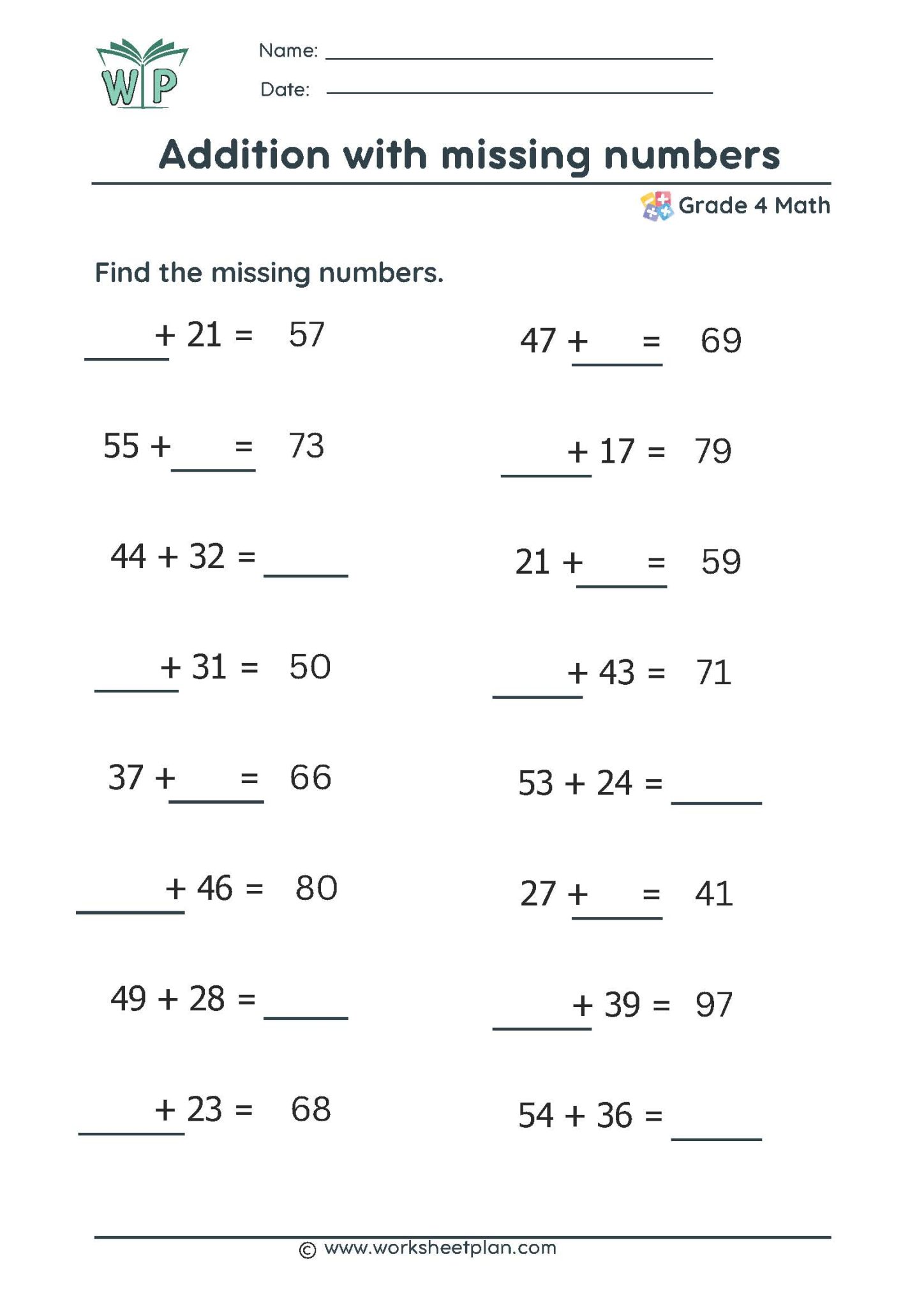Adding with missing numbers » Worksheet Plan