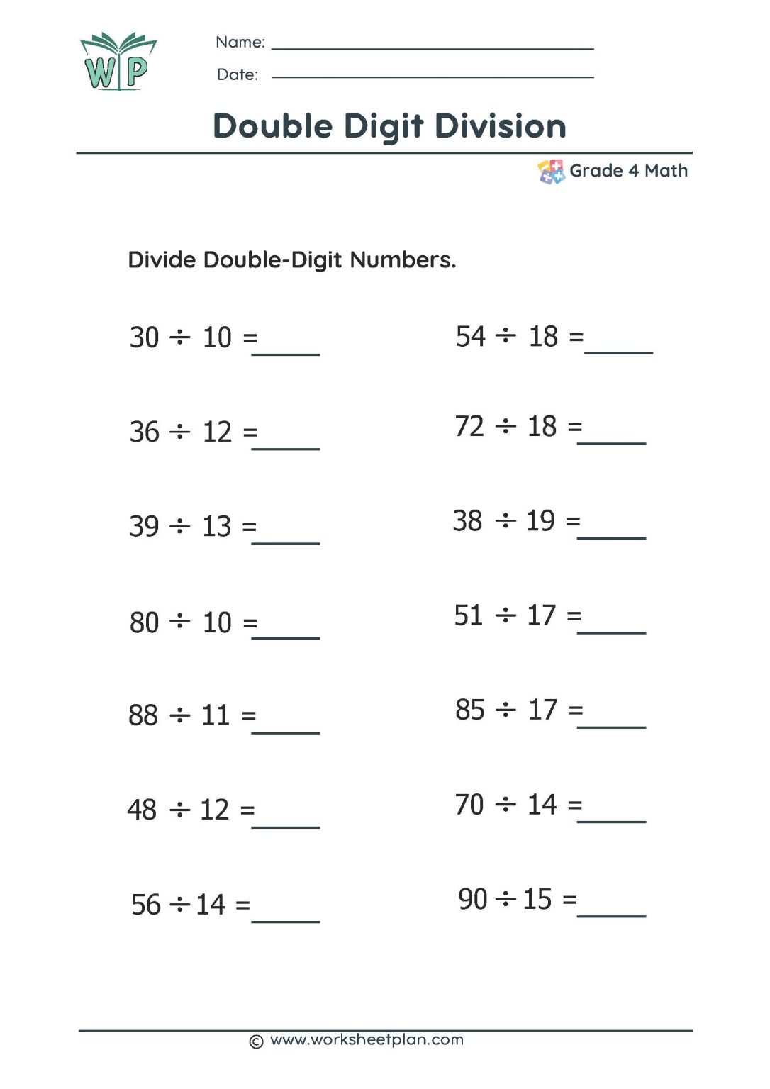 Double digits division » Worksheet Plan