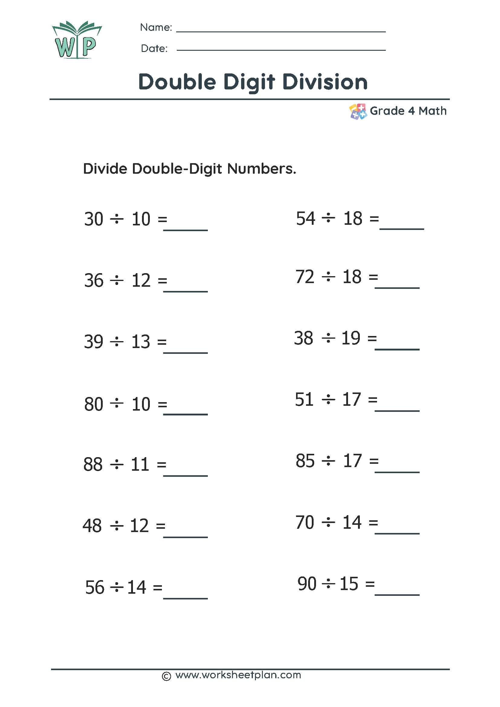 Double digits division » Worksheet Plan