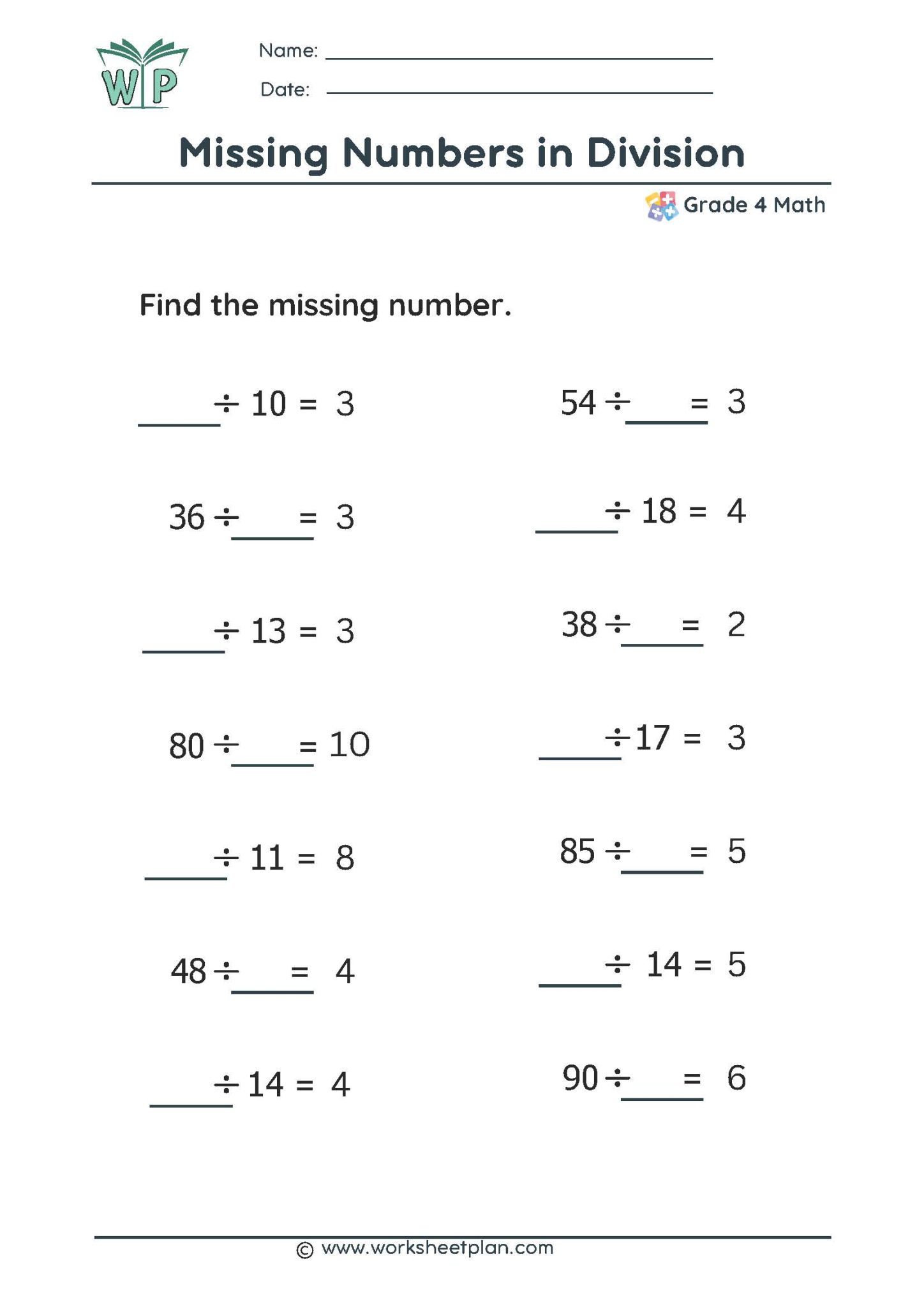 Missing numbers division » Worksheet Plan