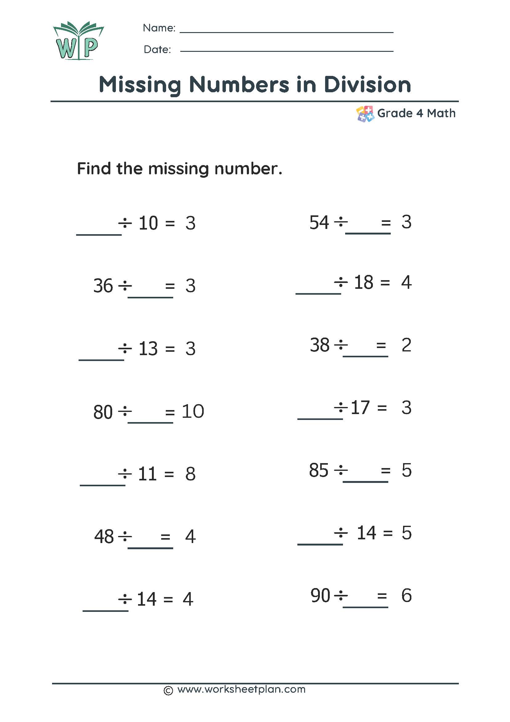 Missing numbers division » Worksheet Plan