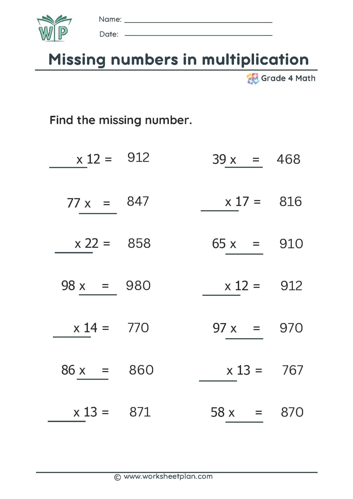 Missing numbers multiplication » Worksheet Plan
