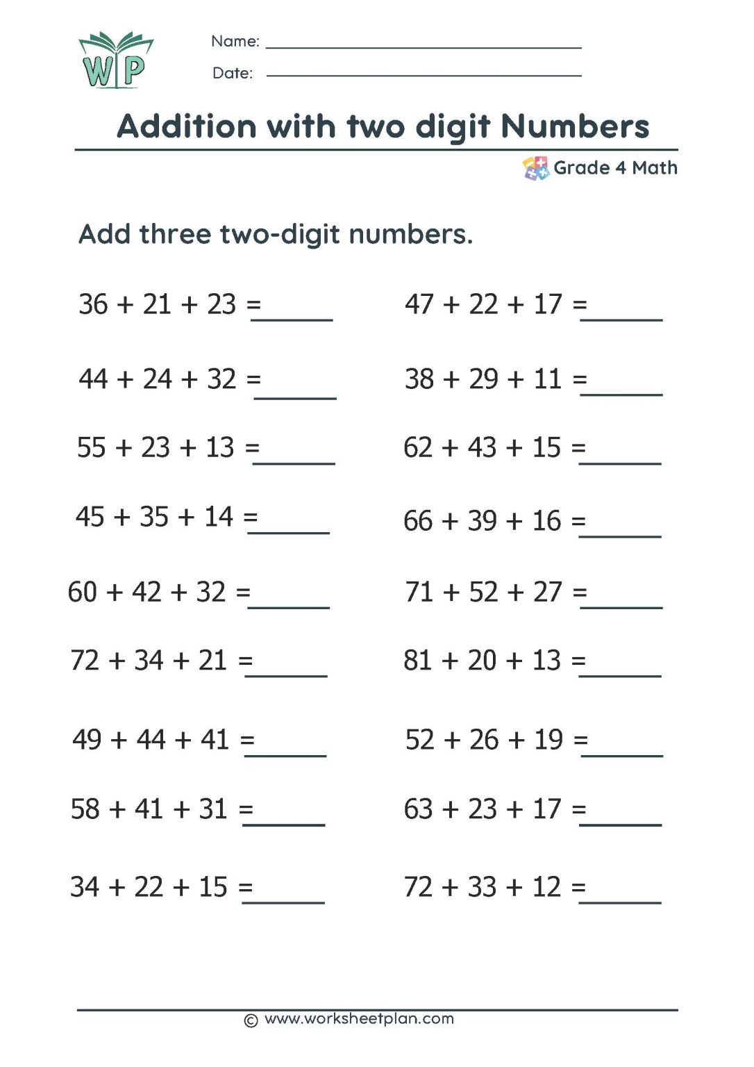 Adding 3 two-digits for Grade 4 » Worksheet Plan