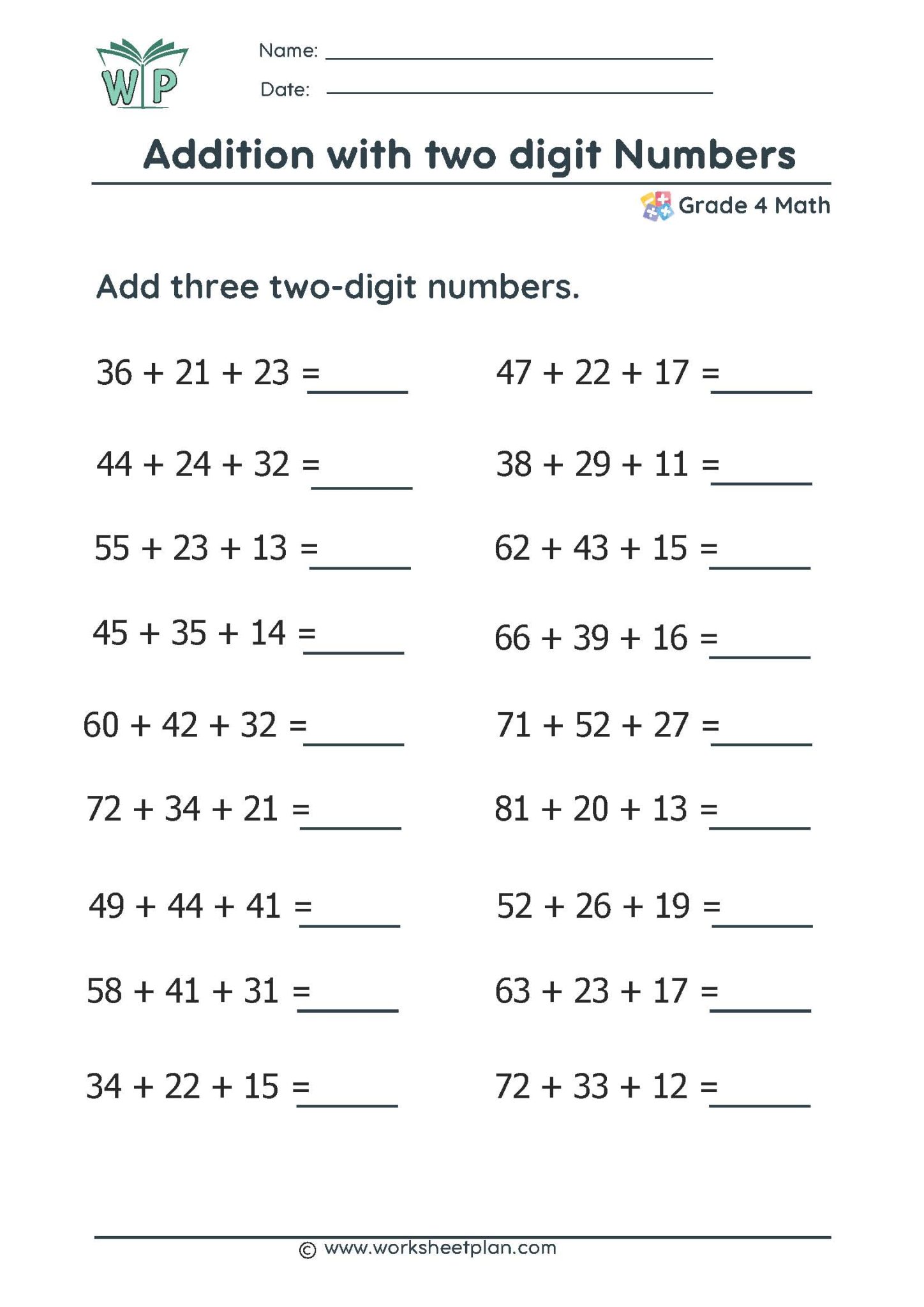 Adding 3 two-digits for Grade 4 » Worksheet Plan