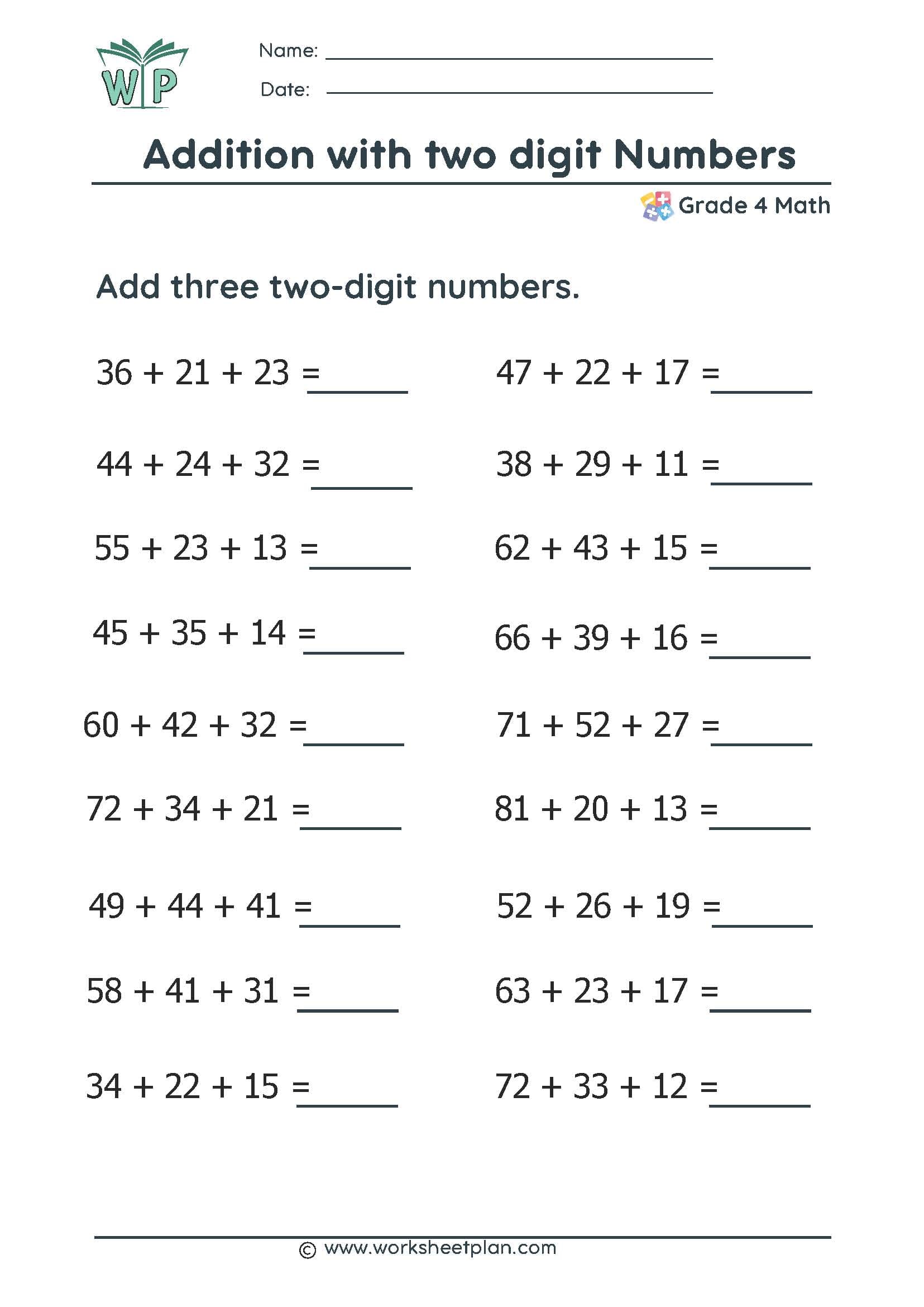 Adding 3 two-digits for Grade 4 » Worksheet Plan