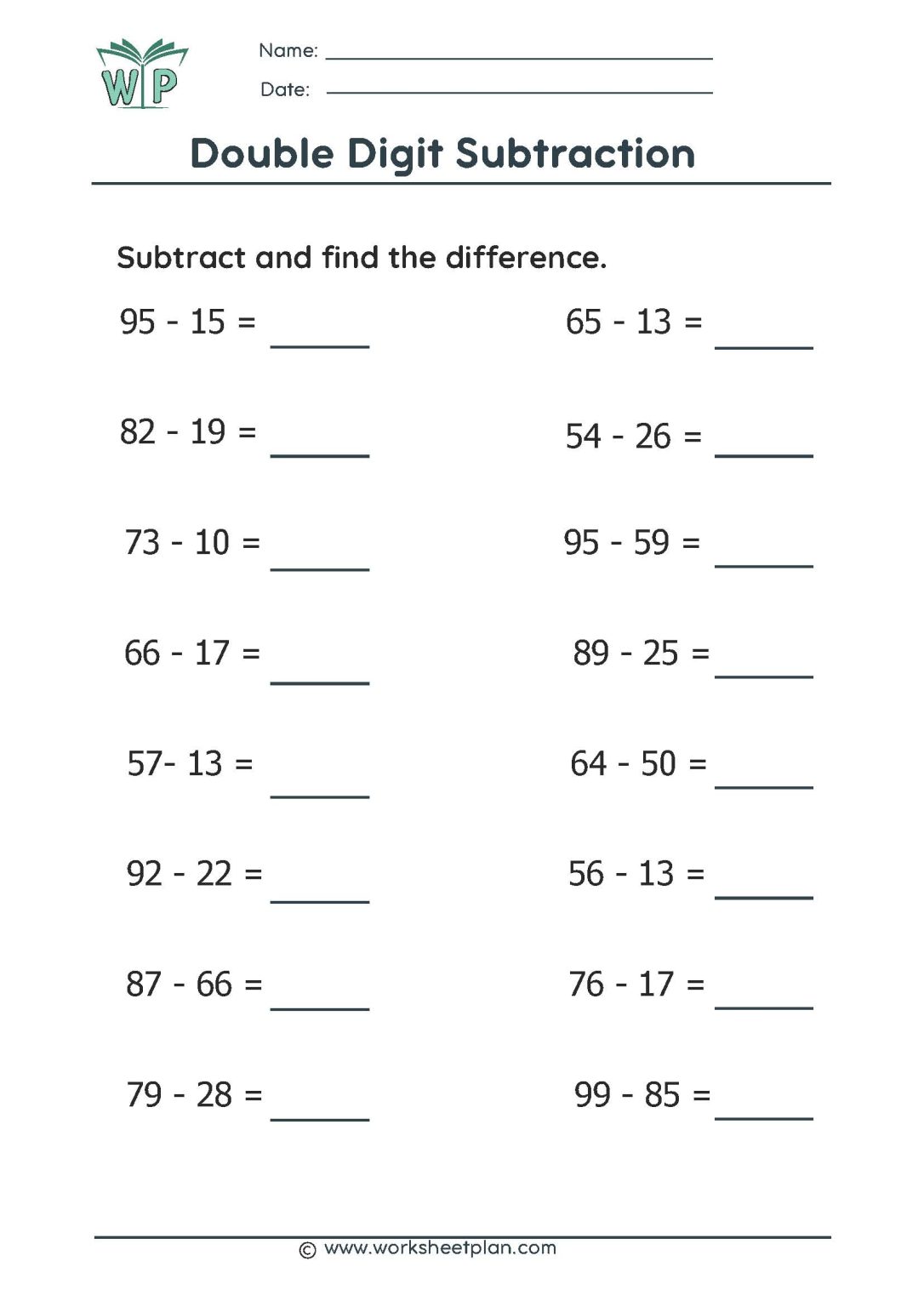Double digit subtraction » Worksheet Plan