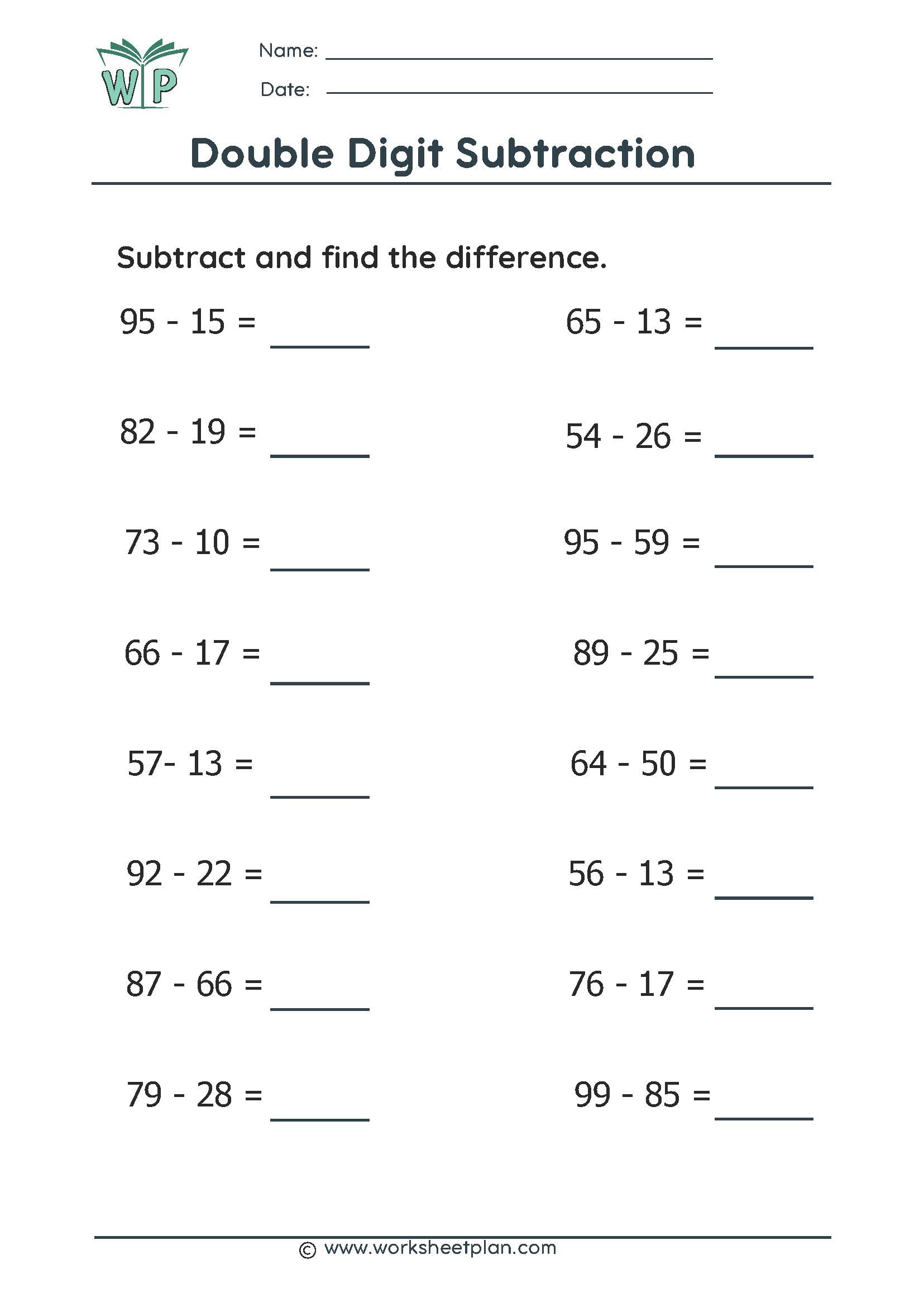 Double digit subtraction » Worksheet Plan