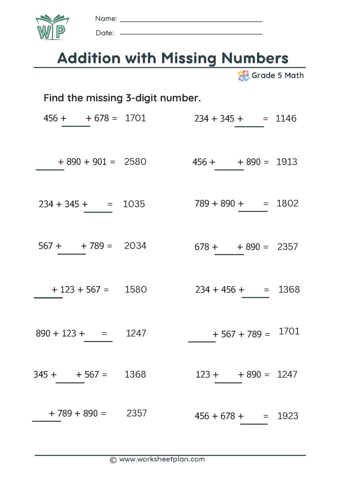 Missing Numbers (3 digits) » Worksheet Plan