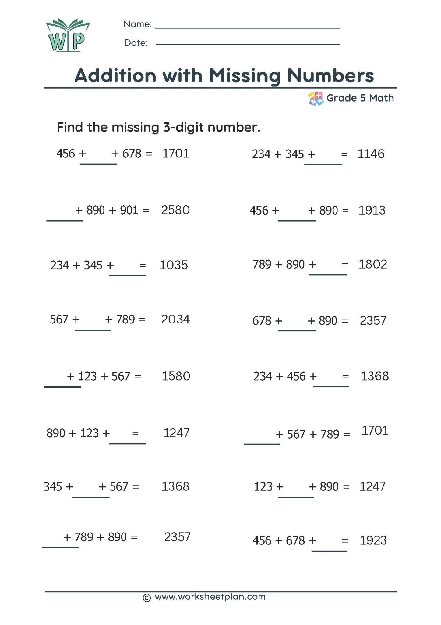 Missing Numbers (3 digits) » Worksheet Plan
