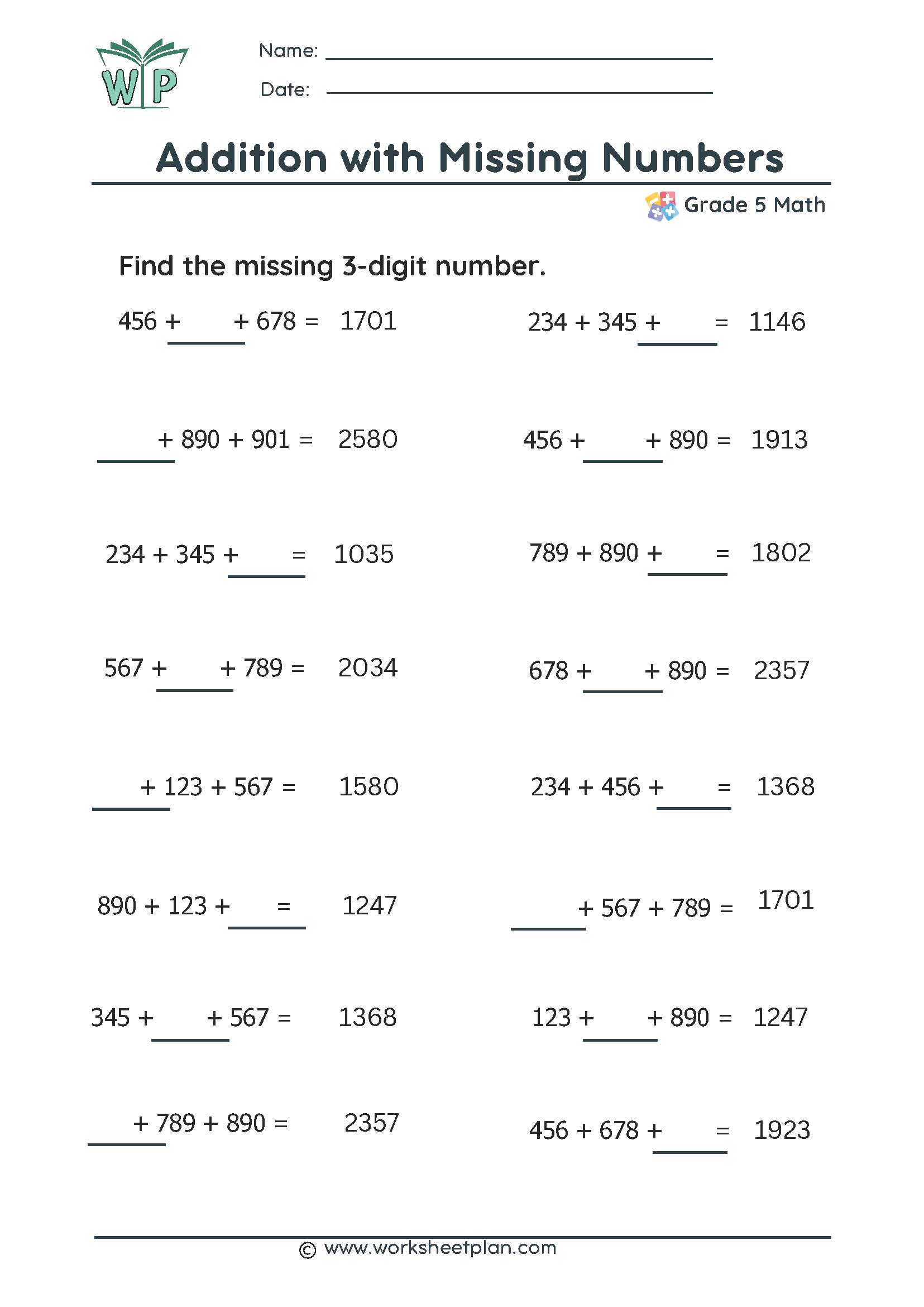 Missing Numbers (3 digits) » Worksheet Plan