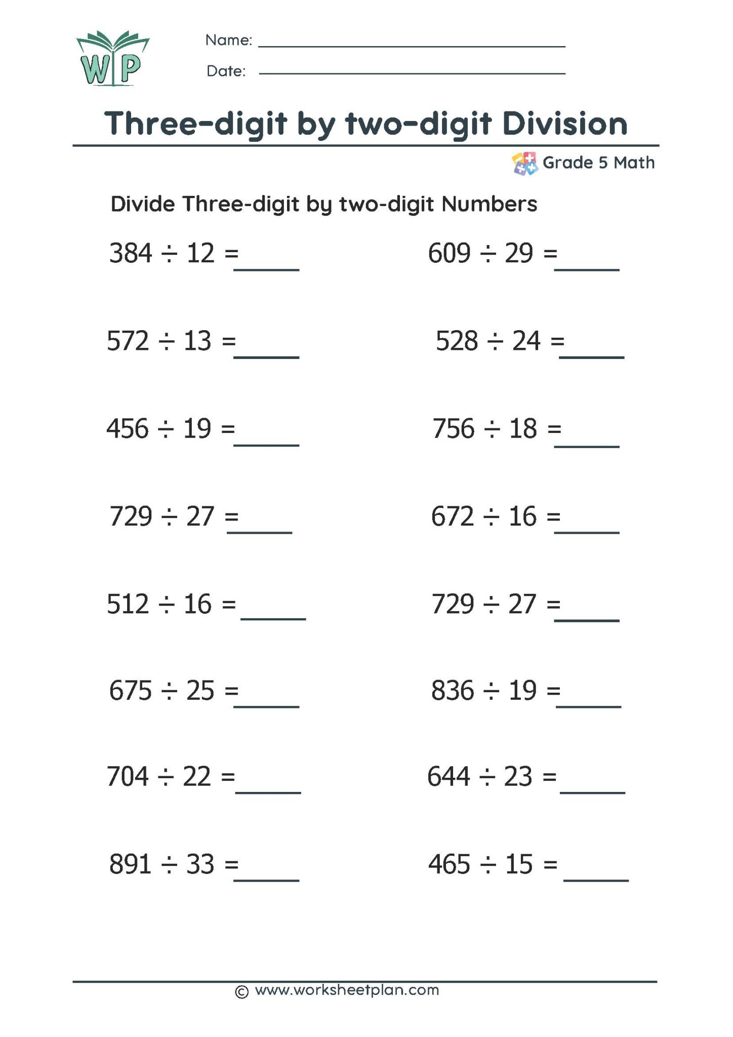 Three digit by two digit division » Worksheet Plan